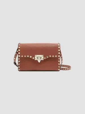 Valentino Garavani Small Rockstud Grainy Calfskin Crossbody Bag - Saddle Brown
