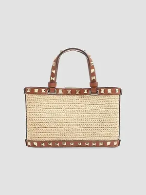 Valentino Garavani Mini Rockstud Top Handle Bag In Raffia