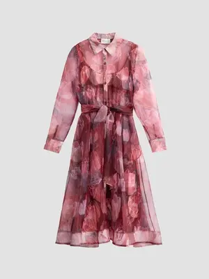 MILLY Suzie Floral Semi-sheer Midi Shirtdress - Red Multi