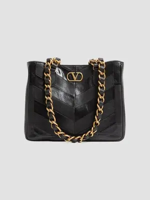 Valentino Garavani Laseine Small Shopping Bag In Chevron-patterned Nappa Leather - Black