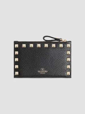 Valentino Garavani Rockstud Grainy Calfskin Cardholder With Zipper Black