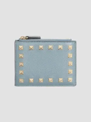 Valentino Garavani Rockstud Grainy Calfskin Cardholder With Zipper Stone