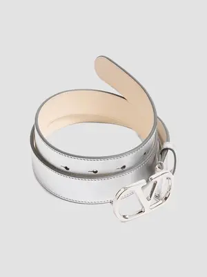 Valentino Garavani Vlogo Signature Belt In Laminated Calfskin - Silver