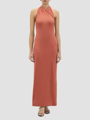 Another Tomorrow Gathered Halter Dress - Persimmon