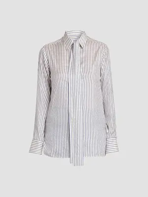 Kiton Striped Silk Tieneck Blouse - White Blue