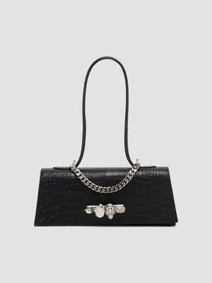 Alexander McQueen Jewelled Croc-embossed Leather Top Handle Bag - Black