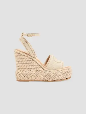 Valentino Garavani Vlogo 130mm Torchon Wedge Sandals In Linen Canvas