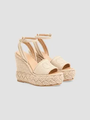 Valentino Garavani Vlogo 130mm Torchon Wedge Sandals In Linen Canvas