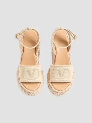 Valentino Garavani Vlogo 130mm Torchon Wedge Sandals In Linen Canvas