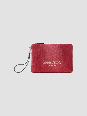 JIMMY CHOO Riviera Capsule Raffia Flat Pouch - Ruby Red