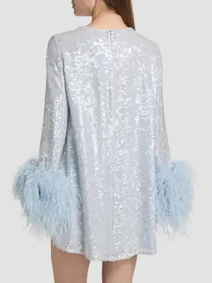 Lapointe Sequined Feather-cuff Shift Minidress