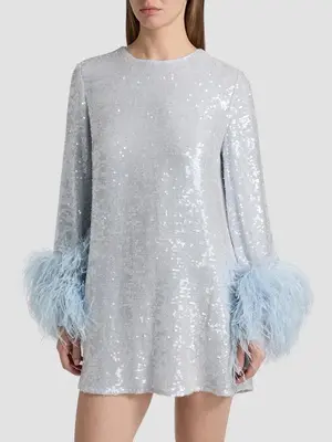 Lapointe Sequined Feather-cuff Shift Minidress