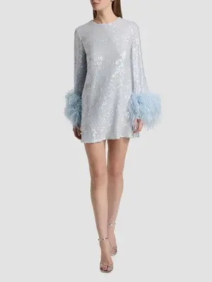 Lapointe Sequined Feather-cuff Shift Minidress
