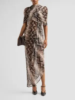 Lapointe Snakeskin Print Draped Maxi Dress