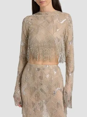 Lapointe Geometric Crystal Fringe Crop Top