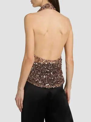 Lapointe Sequined Net Mesh Halter Top