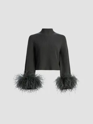 Lapointe Feather-cuff Mock Turtleneck Wool Sweater