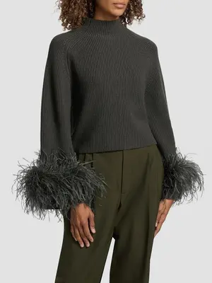 Lapointe Feather-cuff Mock Turtleneck Wool Sweater