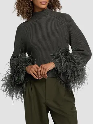 Lapointe Feather-cuff Mock Turtleneck Wool Sweater