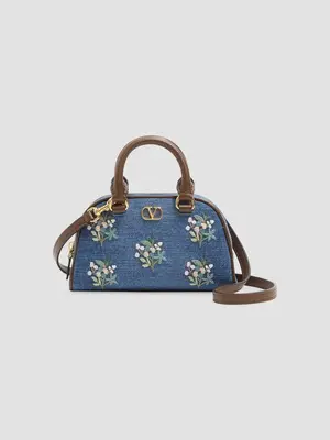 Valentino Garavani Vlogo Signature Mini Top-handle Bag In With Floral Embroidery - Denim