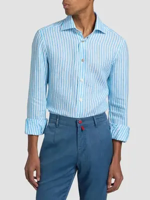 Kiton Bengal Striped Linen Button-front Shirt - Turquoise