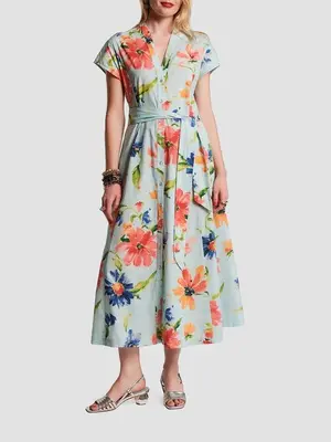 FRANCES VALENTINE Eve Floral Tie-waist Midi-shirtdress - Light Blue Multi