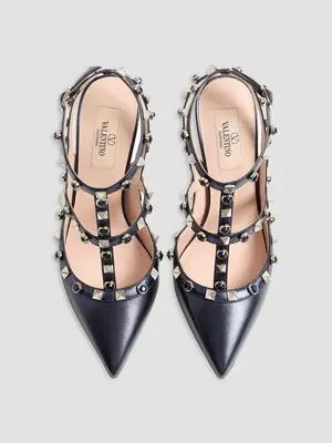 Valentino Garavani Rockstud Pumps 100mm In Laminated Nappa With Cabochon - Navy