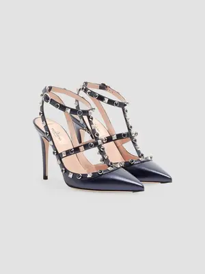 Valentino Garavani Rockstud Pumps 100mm In Laminated Nappa With Cabochon - Navy
