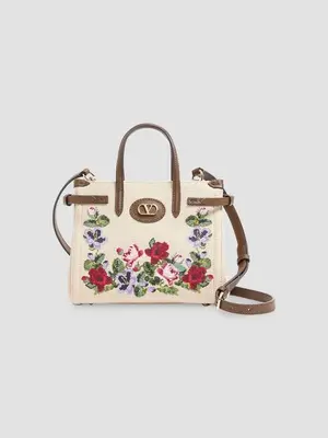Valentino Garavani Antibes Small Embroidered Linen Top Handle Bag - Ecru Multi