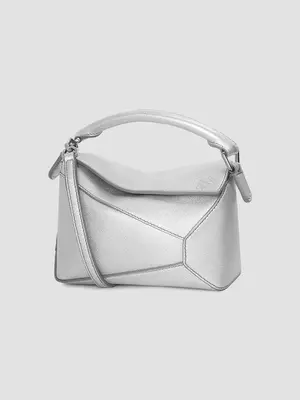 Loewe Mini Puzzle Edge Metallic Leather Bag - Silver