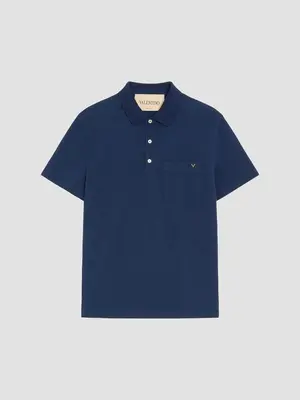 Valentino Garavani Cotton Piqué Polo Shirt With Vgold - Blue