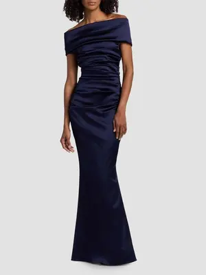 Talbot Runhof Satin Off-the-shoulder Sheath Gown