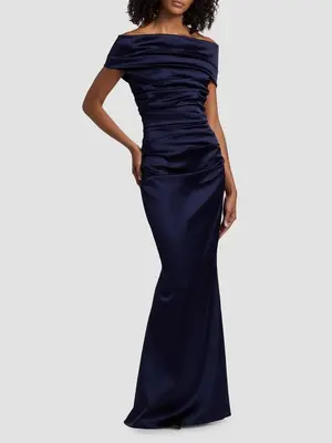 Talbot Runhof Satin Off-the-shoulder Sheath Gown