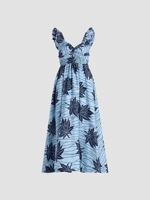 ELISAMAMA Ibukun Botanical-print Cotton A-line Midi-dress - Blue