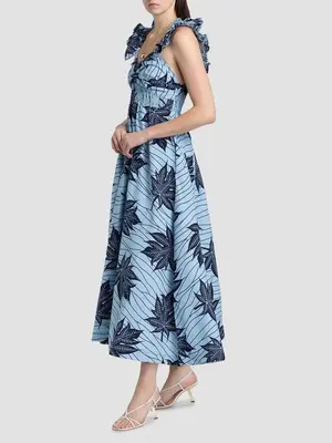 ELISAMAMA Ibukun Botanical-print Cotton A-line Midi-dress