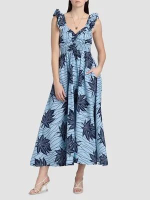 ELISAMAMA Ibukun Botanical-print Cotton A-line Midi-dress