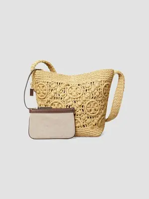 Tory Burch Lock Medium Monogram Crochet Bucket Bag
