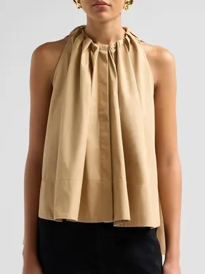 Co Gathered High-low Tton Poplin Top - Camel