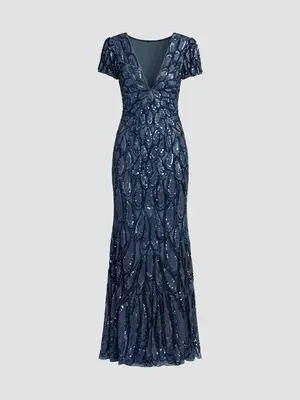 Mac Duggal Sequin & Bead-embellished Jersey Gown Denim