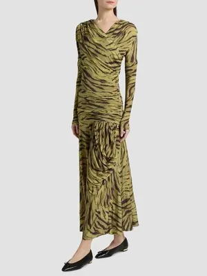 GANNI Zebra-print Ruched Dress - Khaki