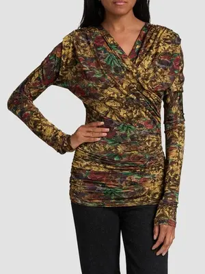 GANNI Ruched Floral Long-sleeve Top - Custard