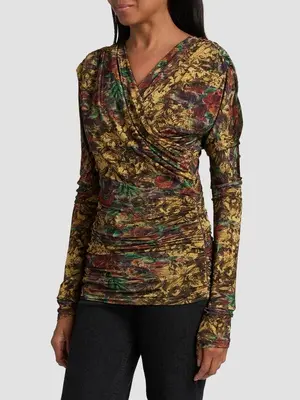 GANNI Ruched Floral Long-sleeve Top - Custard