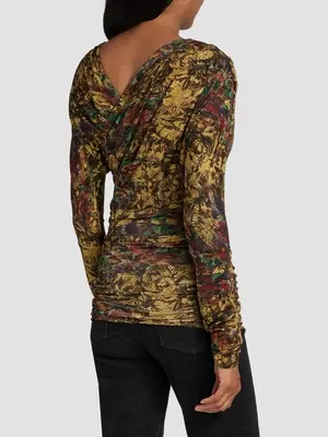 GANNI Ruched Floral Long-sleeve Top - Custard