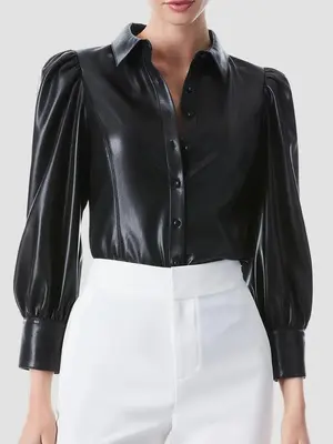 Alice + Olivia Nadine Puff-sleeve Faux Leather Blouse