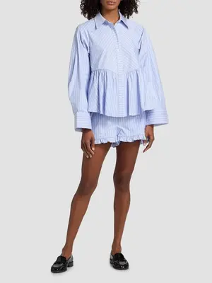 KIKA VARGAS Ambika Striped Cotton-blend Peplum Shirt - Blue