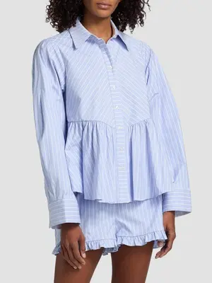 KIKA VARGAS Ambika Striped Cotton-blend Peplum Shirt - Blue