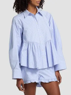 KIKA VARGAS Ambika Striped Cotton-blend Peplum Shirt - Blue