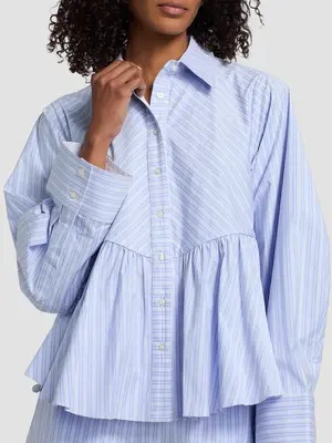 KIKA VARGAS Ambika Striped Cotton-blend Peplum Shirt - Blue