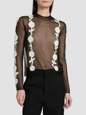 GANNI Crochet Flower Appliqué Mesh Knit Top