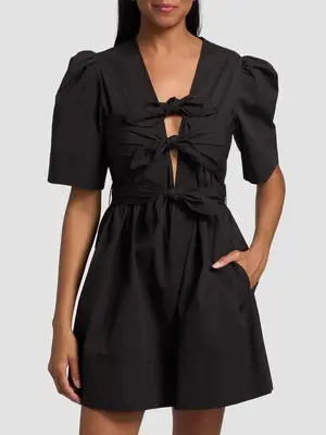 GANNI Tie-waist Stretch-cotton A-line Minidress